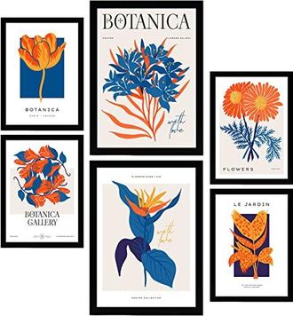Nacnic Lot de 6 affiches de fleurs. P&eacute;tales dOrange. Impressions nature et botanique pour lam&eacute;nagement et la d&eacute;coration dint&eacute;rieur. A3 et A4, cadres noirs