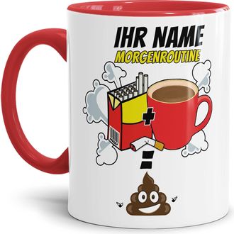 Tassendruck Tasse mit Spruch - Morgenroutine: Kaffee Kippen Kacken - mit Name Personalisieren - Lustige Kaffeetasse, Geschenk f&uuml;r Freunde, Kumpels, M&auml;nner - Keram