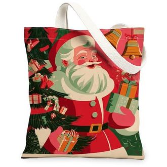 Generic Sacs fourre-tout en toile motif P&egrave;re No&euml;l r&eacute;tro, r&eacute;utilisables, l&eacute;gers et lavables avec bandouli&egrave;re, Rouge, 13x15 Inch