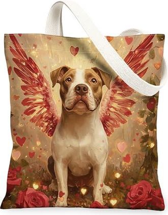 Generic Pitbull Sac fourre-tout en toile pour le shopping Motif chien 33 x 38 cm, sac d&eacute;picerie r&eacute;utilisable pour la Saint-Valentin, motif de voyage pour anim