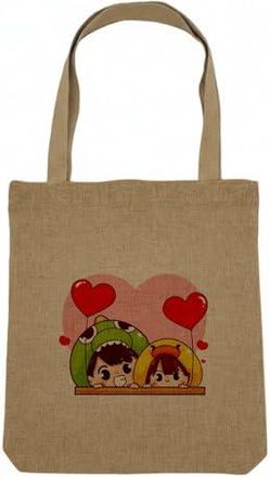 Fabulous Sac Shopping Tote Bag Aspect Lin - Enfant Couple D&eacute;guis&eacute; Dessin Style Japonais Dessin Mignon Amour - Sac de Courses Toile Epaisse 360g Beige Naturel C