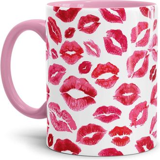 Tassendruck Tasse Kussmund Rote Lippen Kiss - Kaffeetasse Innen und Henkel Rosa/Mug/Cup - Qualität Made in Germany