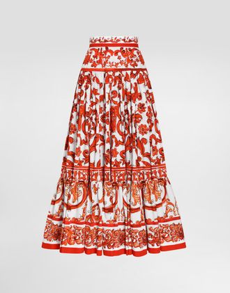 Dolce & Gabbana Langer Rock Aus Popeline Mit Majolika-print - Frau Collection Mehrfarbig 44