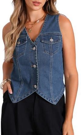 Allegra K Veste en Jean Femme Sans Manches Blouson Boutonnée Col en V Décontractée avec Poches Gilet en Denim Vintage Bleu XL