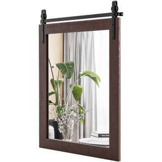 Costway Miroir Mural Rectangulaire avec Cadre en Bois Massif, Miroir Suspendu avec Kit pour Porte de Grange, Miroir D&eacute;coratif pour Couloir, Salon,76x56cm,Noir