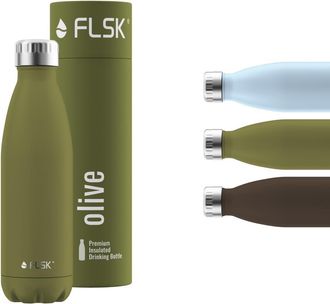 FLSK Trinkflasche - Premium Edelstahl Thermosflasche - 100 % auslaufsicher & kohlensäuregeeignet - hält 24 h kalt & 18 h heiß - BPA-frei (olive, 500 ml)