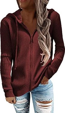 TOMWELL Veste à Capuche Femme Hoodie Sweat de Sport Vintage Zippé Couleur Solide Cardigan Pullover Outwear Survêtement Jacket Vin Rouge M