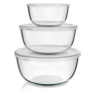 Arendo Salatschüssel aus Glas mit Deckel - Glasschüssel 3er Set - 1100ml + 2700ml + 4400ml - Rührschüsseln klein bis groß - Borosilikatglas - Glasschale Sala