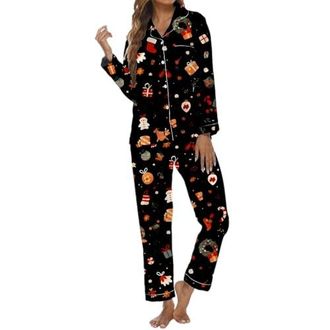 Generic Ensemble de pyjama de Noël 2 pièces en satin de soie pour femme - Imprimé graphique amusant - Haut à manches longues boutonné et pantalon doux, S Noir
