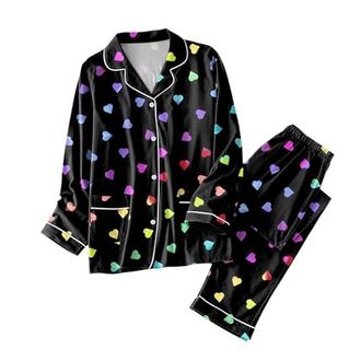 Generic Pyjama assorti pour femme pour la Saint-Valentin 2026 - Pyjama long classique boutonn&eacute; en satin avec poches, bleu, XXL