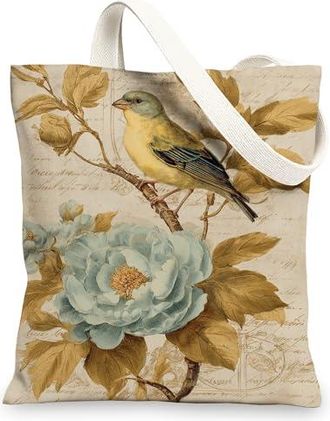 Generic Sacs fourre-tout en toile motif oiseaux et fleurs, sacs de courses réutilisables, légers et lavables pour les voyages, bleu, 13x15 Inch