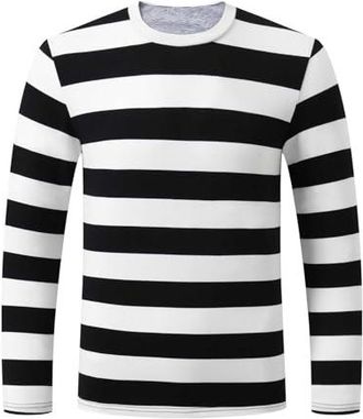 Generic T-shirt rayé à manches longues et col rond pour homme, Noir, 3XL