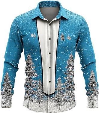Generic Chemise de Noël moche pour homme - Chemisier fantaisie imprimé - Chemises moches amusantes de Noël - Haut de Père Noël boutonné à manches longues - Pu