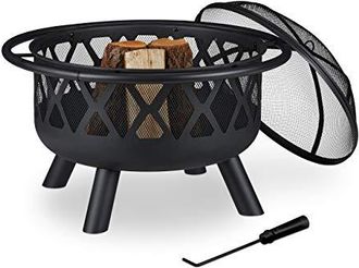 Relaxdays Feuerschale mit Funkenschutz, Garten & Terrasse, mit Sch&uuml;rhaken, Outdoor Feuerstelle, Stahl, &Oslash; 63.5 cm, schwarz