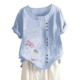 Generic Chemisier &agrave; manches courtes et col rond pour femme - Chemise en lin blanc surdimensionn&eacute;e - Linentops Beachshirts Vacances Haut de travail d&eacute;t&eacute; T-shir