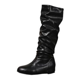 Generic Bottes hautes pour femme &agrave; talon plat confortables - Bottines de marche &eacute;l&eacute;gantes de couleur unie pliss&eacute;es d&eacute;contract&eacute;es &eacute;l&eacute;gantes &agrave; enfiler - Bottes 