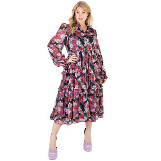 Lovedrobe Damen Midi Dress Plus Size Women Flower Pattern with Collar Long Sleeve Ruffle V Neckline Slit for Summer Office Kleid, Black, 52