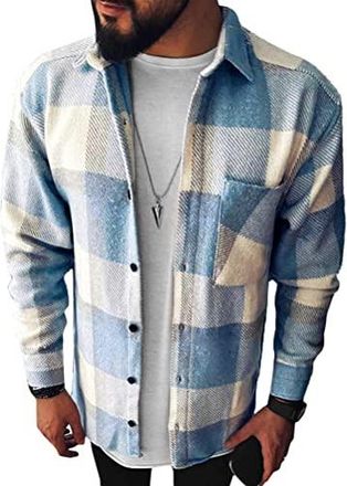 Minetom Chemises Homme Chemises &Agrave; Carreaux Manches Longues Chemise Bucheron Carreaux Chemise en Flanelle B Bleu Clair 4XL