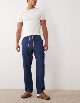 Mango Hose aus Leinenmix in blauer Jeansoptik mit Tunnelzug