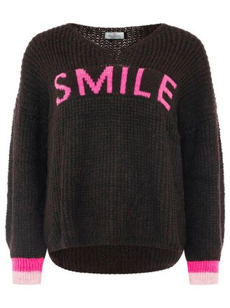 Zwillingsherz Strickpullover Smile Langarm, One Size, V-Ausschnitt, Neon-Details, Schriftzug