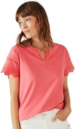 Damart T-Shirt Broderies Anglaises Pur Coton, Femme, Col Tunisien, Corail, 42/44