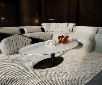 DELIFE Couchtisch Edge Oval 135x80 cm Keramik Onyx Champagne Vibany Metall Schwarz, Couchtische