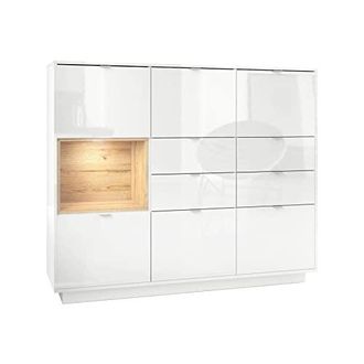 Vladon Buffet Haut Armoire Metro V2, Corps en Blanc Haute Brillance/Façades en Blanc Haute Brillance avec Une Insertion en Chêne Nature, INCL. Léclairage LED