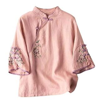 Generic Vimoli Chemisier Femme Vintage Style Ethnique Broderie Imprim&eacute; Floral Haut &agrave; Manches Courtes D&Eacute;t&eacute; D&eacute;contract&eacute;e Col en V Boutons Tunique Top T-Shirt Ch