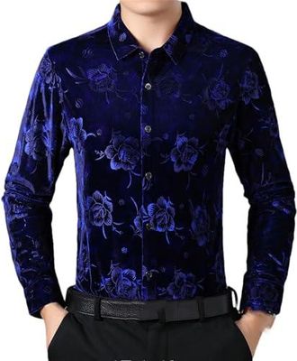 Generic Chemise à manches longues en velours doré pour homme Automne et hiver Chemise florale à simple boutonnage, bleu marine, Taille L