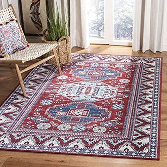 Safavieh Tapis dinspiration tribale pour Salon, Salle à Manger, Chambre à Coucher - Collection Kazak à Poils Courts, Rouge et Bleu, 160 x 229 cm
