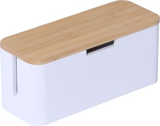 Relaxdays Kabelbox f&uuml;r Steckdosenleiste, Bambus, Deckel, HBT: 14,5x34x11 cm, Kabel verstecken, Steckdosenbox, Natur/wei&szlig;
