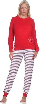 Normann Pyjama en tissu éponge pour femme, pantalon rayé, haut avec joli motif animal, rouge1, 40-42