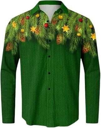 Generic Chemises de Noël pour homme avec imprimé de Noël amusant - Chemise boutonnée à manches longues et col à revers - Vêtement dextérieur doux et confortab