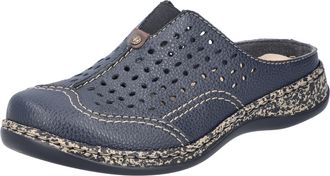 Rieker Clog RIEKER, Damen, Gr. 36, blau (nachtblau), Lederimitat, unifarben, Schuhe Clog, Schlupfschuh, Hausschuh, Sommerschuh mit Perforation, Topseller