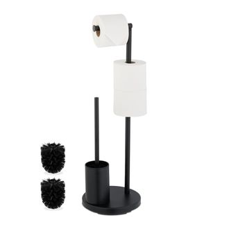 Relaxdays WC Garnitur, Edelstahl, HxD: 68 x 22 cm, stehender Klopapierhalter, Toilettenbürste mit Bürstenhalter, schwarz
