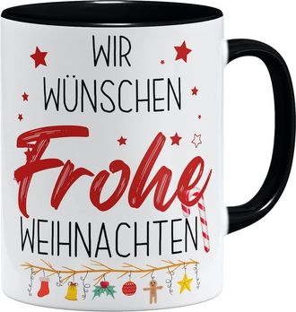 OM3 wir w&uuml;nschen Frohe Weihnachten Tasse Merry Christmas - Keramik Becher - 11oz 325ml - Beidseitig Bedruckt - Schwarz