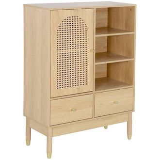 Sweeek Buffet d&eacute;cor bois et cannage 1 porte 2 tiroirs teinte naturelle - 75 x 35 x 100 cm - Judith