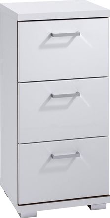 Byliving Seitenschrank NEBRASKA / Korpus matt weiß / 3 Schubkästen Hochglanz weiß lackiert / kleiner Badschrank mit 3 Schubladen und silberfarbenen Griffen / B