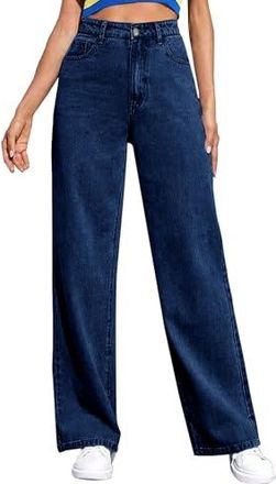 Generico Jeans Baggy Femme Travail Pantalon Denim Vintage Taille Haute Pantalon avec Poches Large Leg Jeans Confortable Basic Pantalon Surdimensionn&eacute; Pantalon 