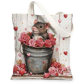 Generic Sac fourre-tout en toile avec motif rat et souris pour faire du shopping, 33 x 38,1 cm, sac d&eacute;picerie r&eacute;utilisable pour la Saint-Valentin, motif roses