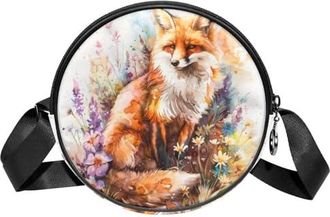 Generic Petit sac &agrave; bandouli&egrave;re circulaire pour femme, motif renard aquarelle, sac &agrave; dos avec fermeture &eacute;clair, bretelles r&eacute;glables, sac &agrave; main rond d&eacute;contrac