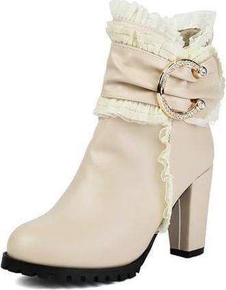 Generic Bottines à talons hauts en dentelle patchwork à bout rond pour femme, beige, 41.5 EU