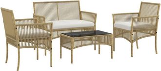 OUTSUNNY Salon de jardin 4 places 4 pi&egrave;ces style colonial table basse coussins inclus r&eacute;sine tress&eacute;e fil&eacute;e aspect rotin beige