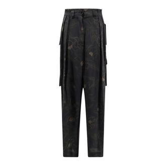 Dries Van Noten Schwarze Seidenhose mit floralem Muster und weitem Bein - - Trousers - Damen - Schwarzk - XL