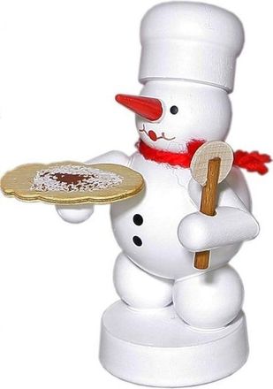 Rudolphs Schatzkiste Winterdekoration B&auml;cker Schneemann mit Pizza H&ouml;he 8cm NEU Schneemensch Holzfigur Weihnachtsfigur