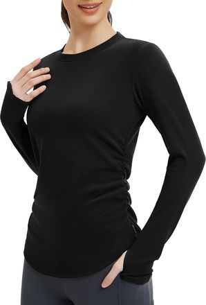 Baleaf Damen Langarm Sportshirt Yoga Tops Langarmshirt Sport Oberteile Laufshirt Atmungsaktives Leicht Slim Fit Schwarz 3XL