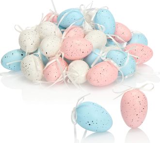 Com-Four 36x handbemalte Ostereier zum Aufhängen 6 x 4 cm - pastellfarbene Osterdeko im Wachtelei-Design - Deko-Ostereier zum Aufhängen aus Kunststoff - Hänged