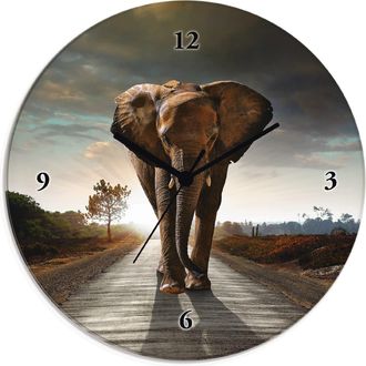 Artland Wanddeko Wanduhr ohne Tickgeräusche Glas Quarzuhr Ø 30 cm Rund Lautlos Elefant auf Straße