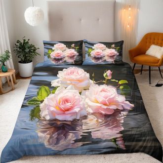 Generic Rosa Rose Im Wasser Bettw&auml;sche 140x200 Blumen Bettw&auml;sche-Sets f&uuml;r Kinder Jungen Bettbezug Set 3D Druck Bettbez&uuml;ge Weiche Mikrofaser mit Rei&szlig;veschluss 