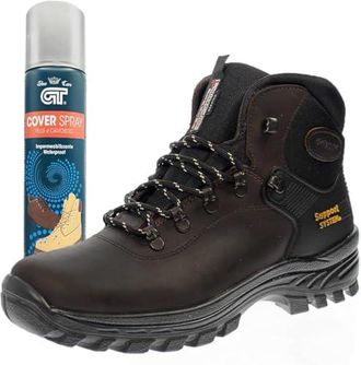 Grisport bottes trekking montagne unisexe cuir imperméable Gritex et support system 24201 et spray protecteur, Marron et spray, 45 EU